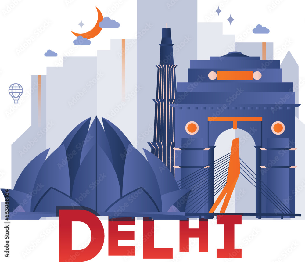 Delhi culture travel set, famous architectures and specialties in flat ...