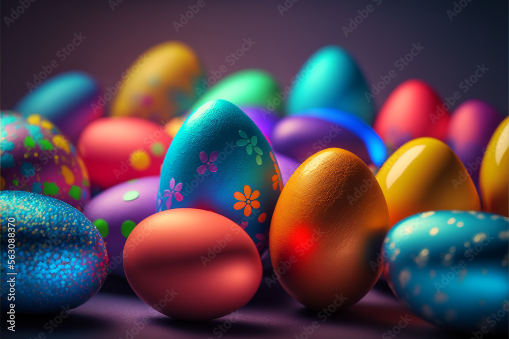 A pile of colorfully decorated eggs on a table with sprinkles on them ...
