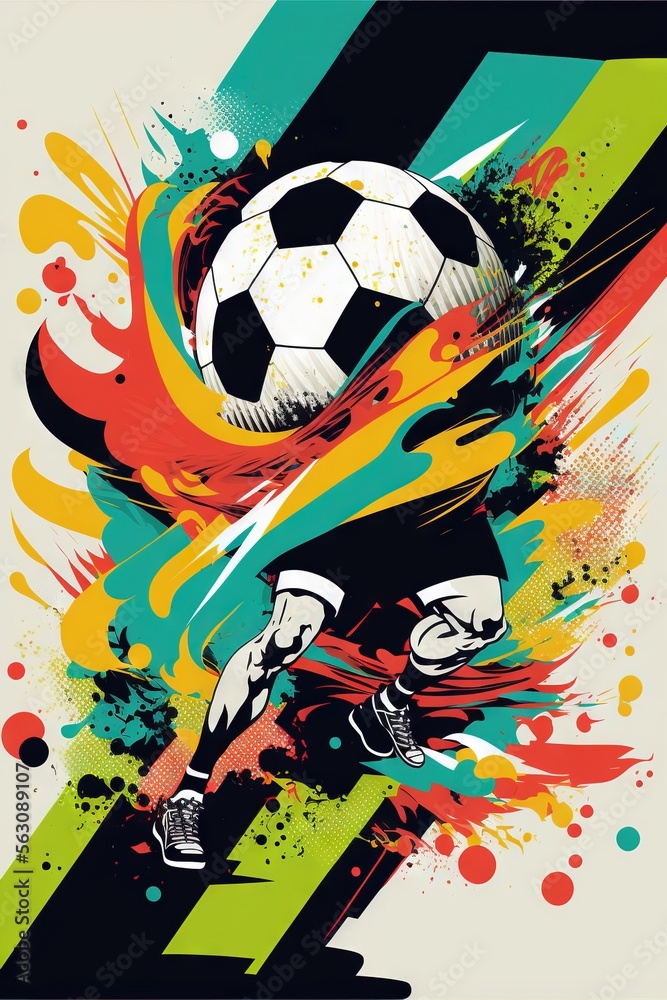 a soccer player kicking a soccer ball with colorful paint splatters on ...