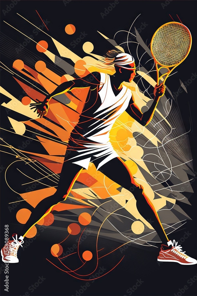 a woman holding a tennis racquet on a tennis court with abstract shapes ...
