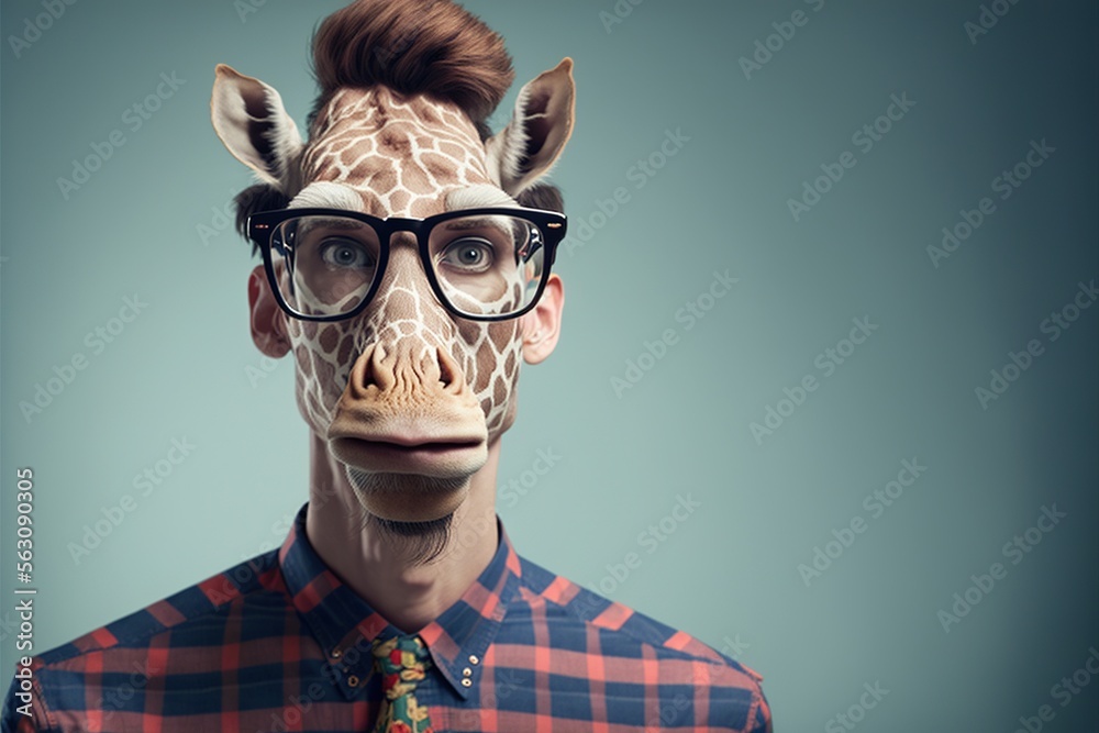 a man with a giraffe mask on his head and glasses on his face, with a ...