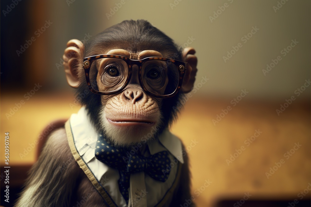a monkey wearing glasses and a bow tie with a suit on it's chest and a bow tie on his neck, with ...