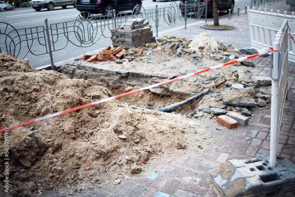 Foto de Road works with trucks and traffic signs.road works road ...