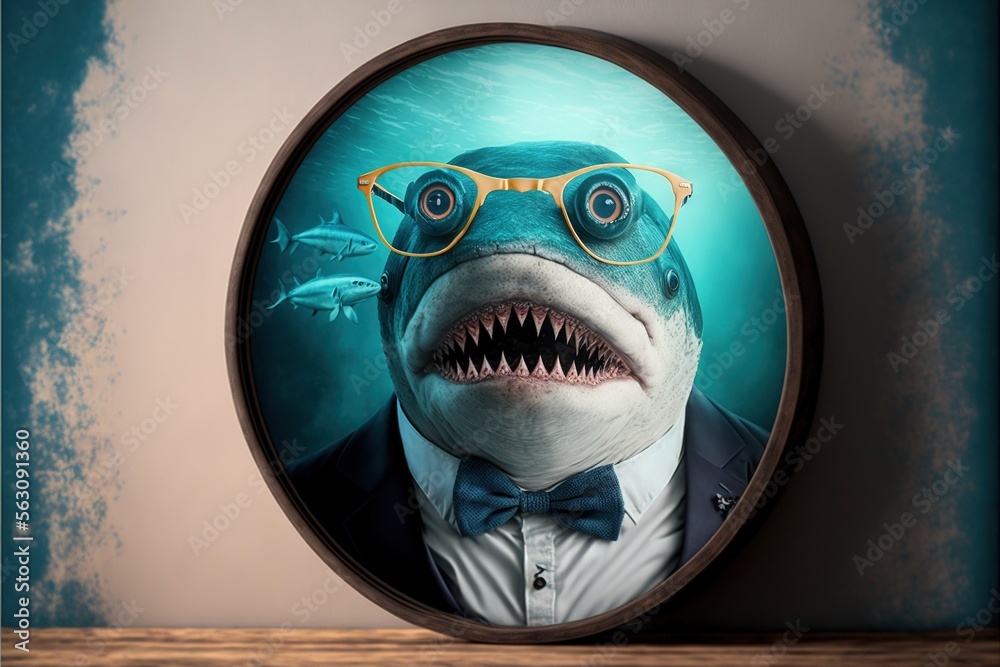 a mirror with a picture of a shark wearing glasses and a bow tie and a ...