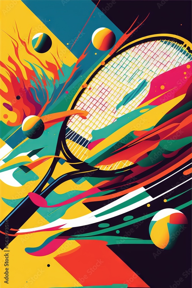 a tennis racket with a lot of balls in the background and a splash of ...