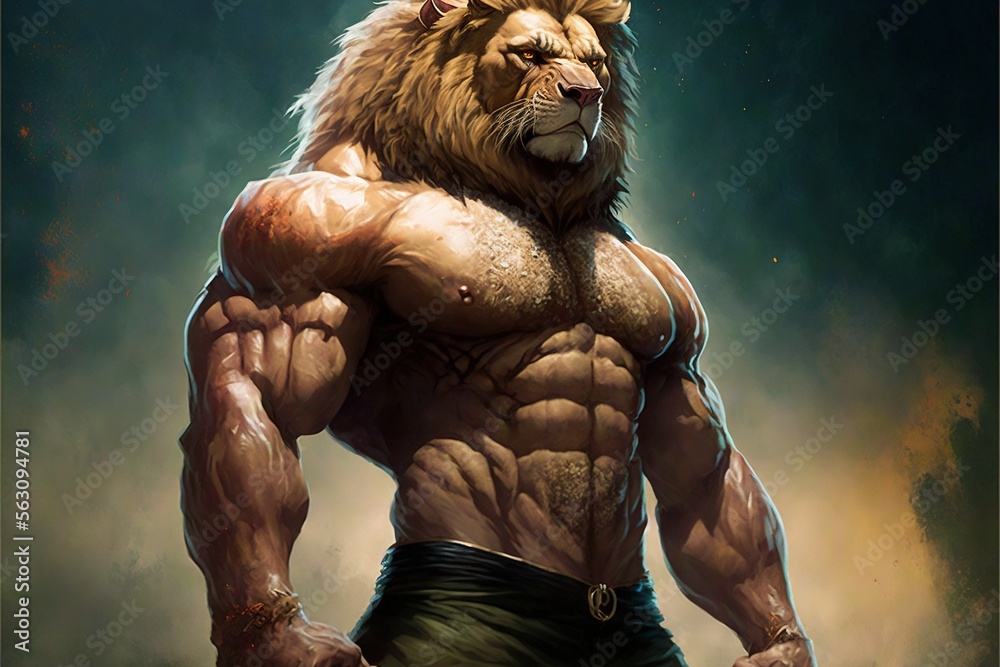 a man with a lion like body and a beard is standing in front of a dark ...