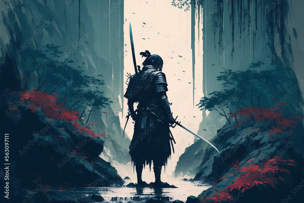 AI-generated Art: Samurai Illustration Painting in a Waterfall Garden ...