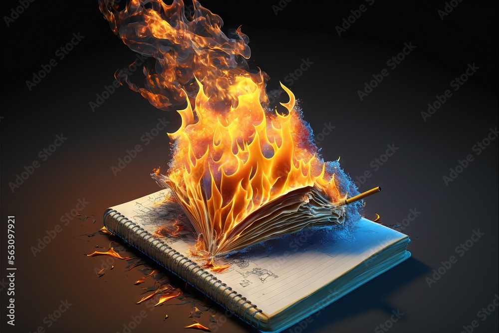 a book on fire with a pen sticking out of it's cover and a black ...