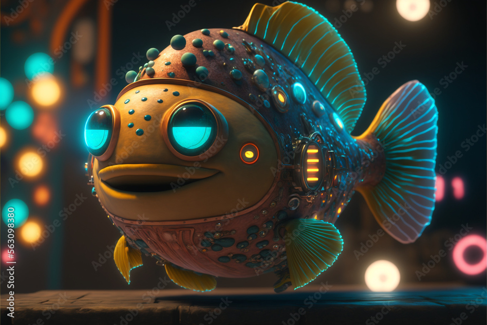 Presentation of luminous fish floating in the air with neon lights in ...