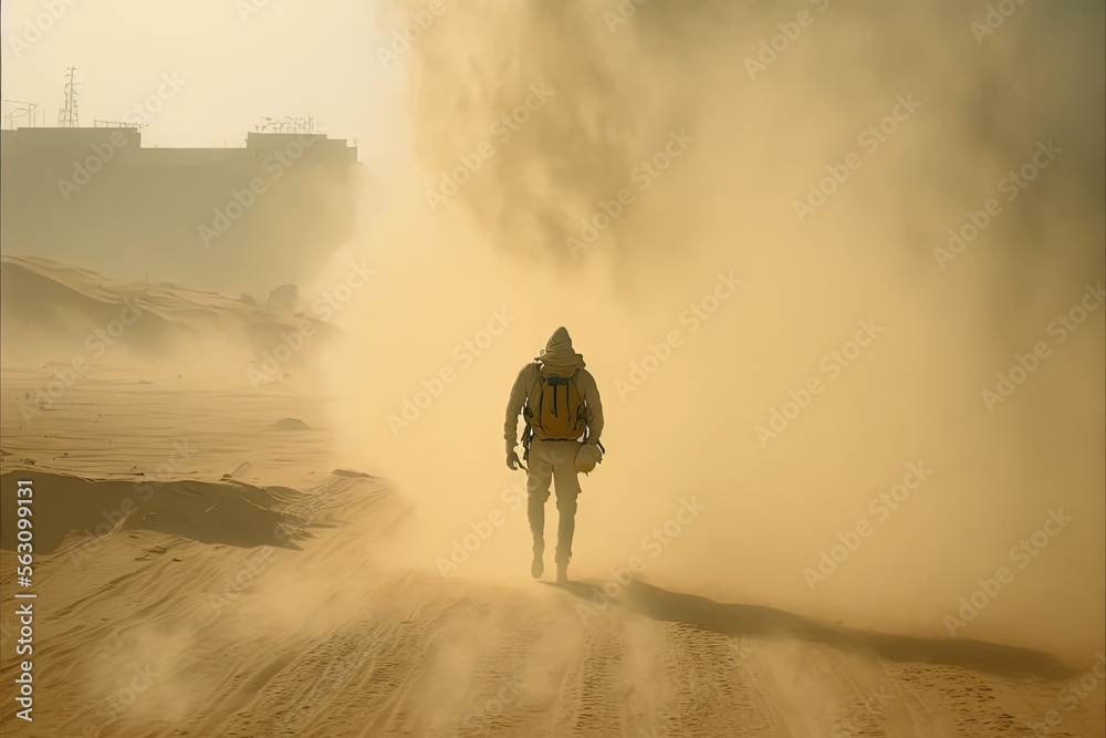ภาพประกอบสต็อก a man walking down a dirt road in the desert with dust ...