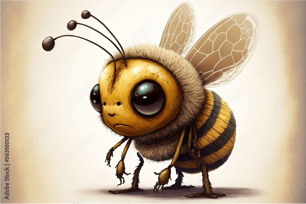 a cartoon bee with big eyes and a fuzzy body, standing upright with its ...