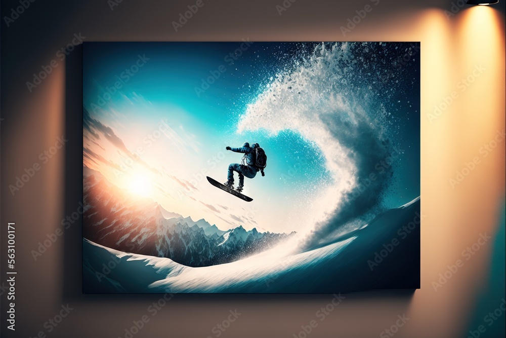 a man riding a snowboard down a snow covered slope under a blue sky ...