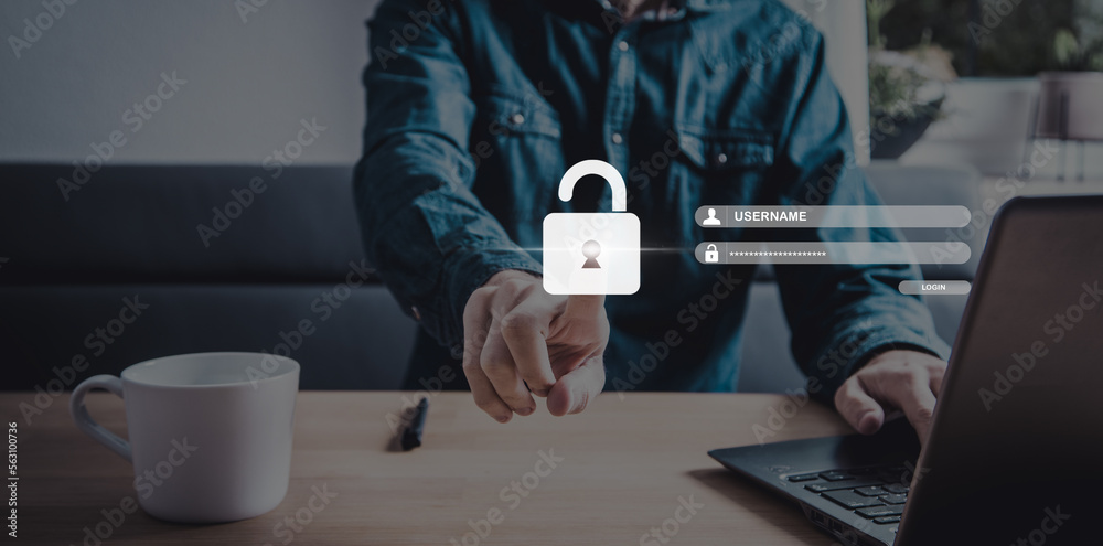 Access window with login and password on virtual screen. Cyber security ...