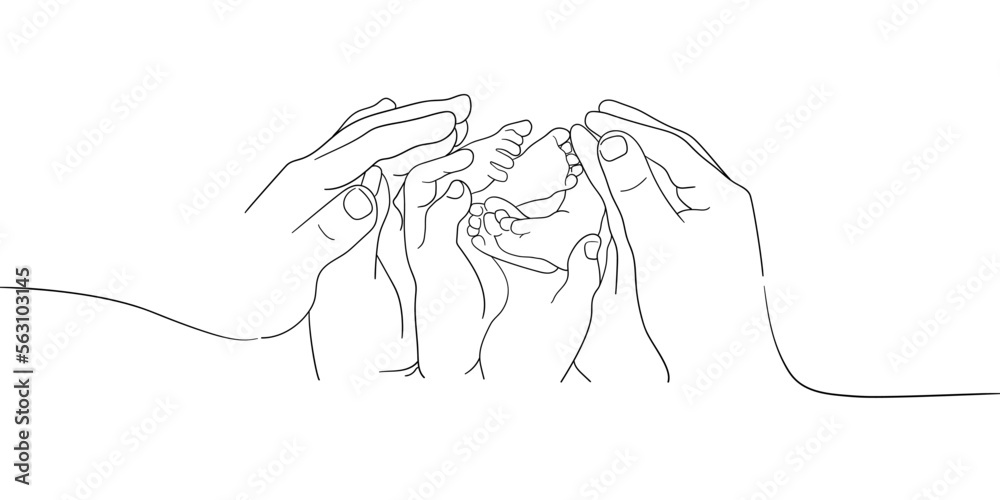 Continuous line drawing of happy family hands together. Happy young ...