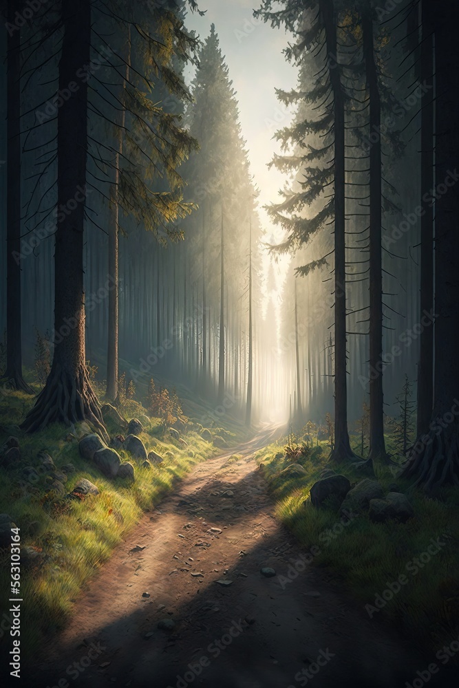 fantasy day forest path. tall oak trees with a dirt road in the middle ...