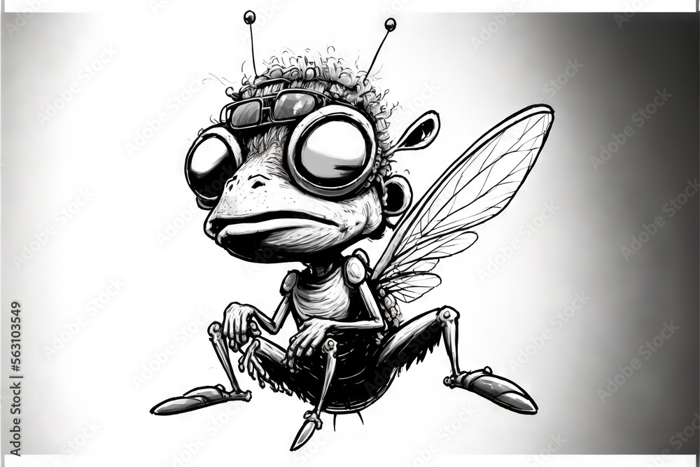 a cartoon character with goggles and a fly like body sitting on a white ...