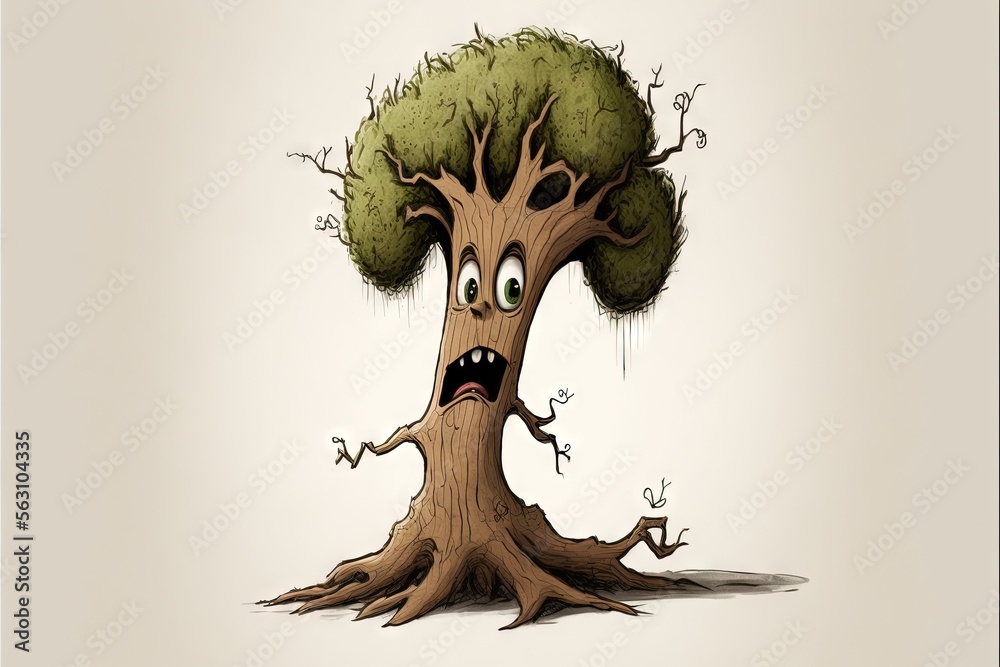 a cartoon tree with a face and mouth with a teary expression on it's ...