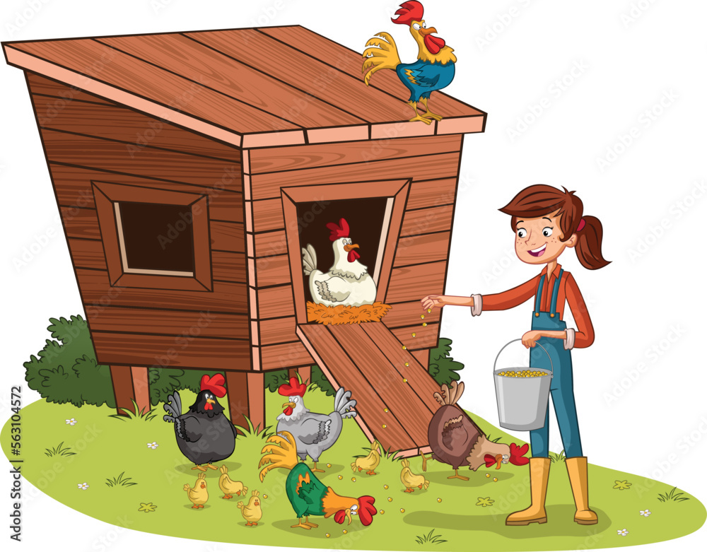 Cartoon girl feeding chickens and roosters. Henhouse with poultry. Farm ...