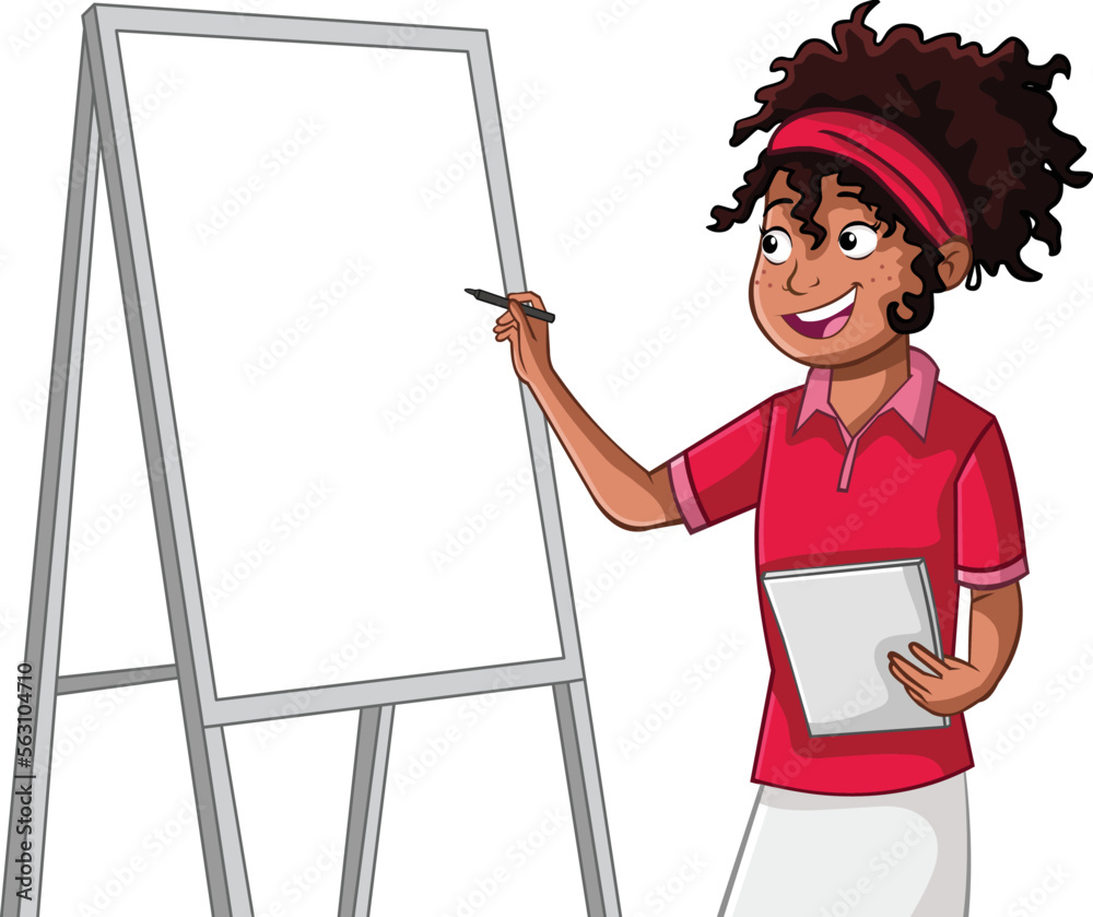 Cartoon black girl writing on board. Teenager student taking notes ...