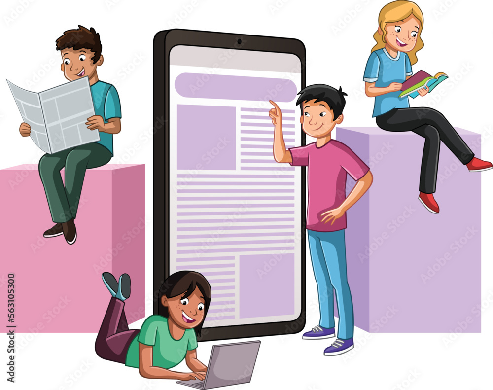 Cartoon teenagers reading newspaper, magazine, computer and smart phone ...