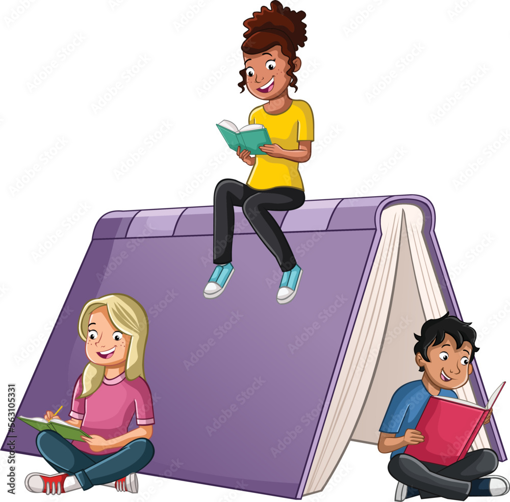 Cartoon teenagers reading books. Students reading over big book. Stock ...