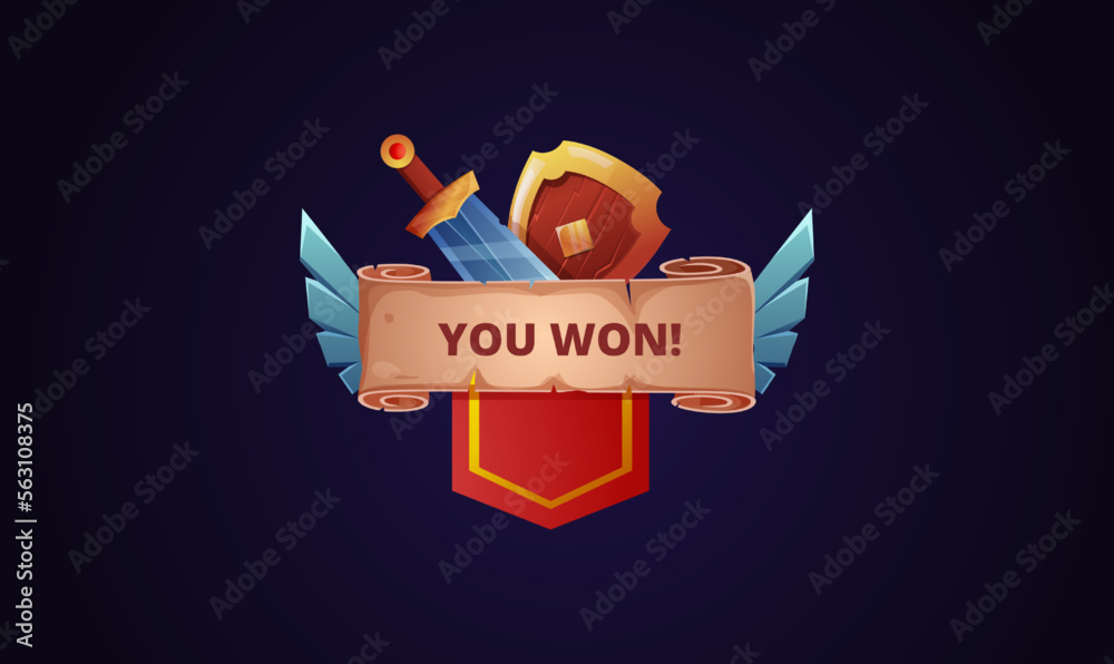 Medieval game victory. Win in battle. UI flag and ribbon. War sign ...