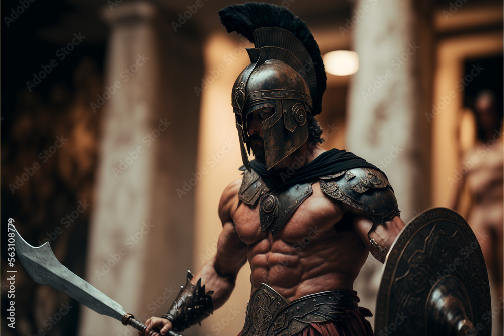 illustration of spartan warrior in armor with shield and sword ...