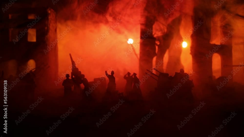 Military silhouettes fighting scene on war fog sky background. A German ...
