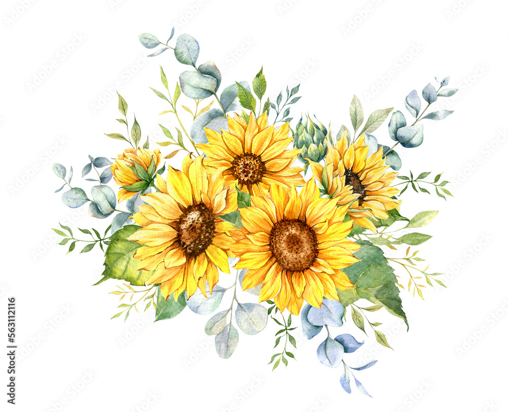 Watercolor sunflowers bouquet, hand painted sunflower bouquets with ...