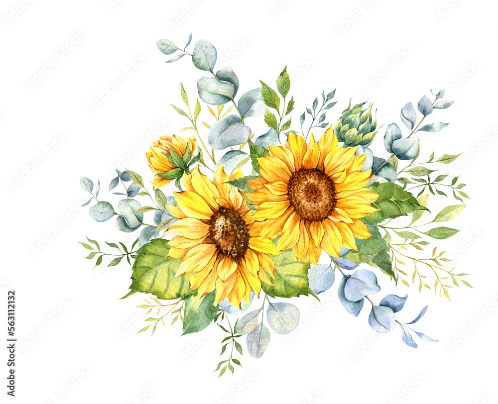 Watercolor sunflowers bouquet, hand painted sunflower bouquets with ...