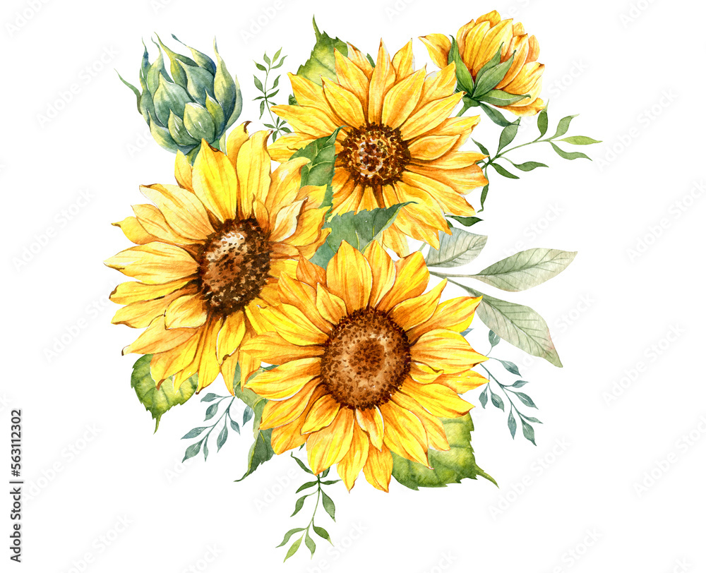 Watercolor sunflowers bouquet, hand painted sunflower bouquets with ...