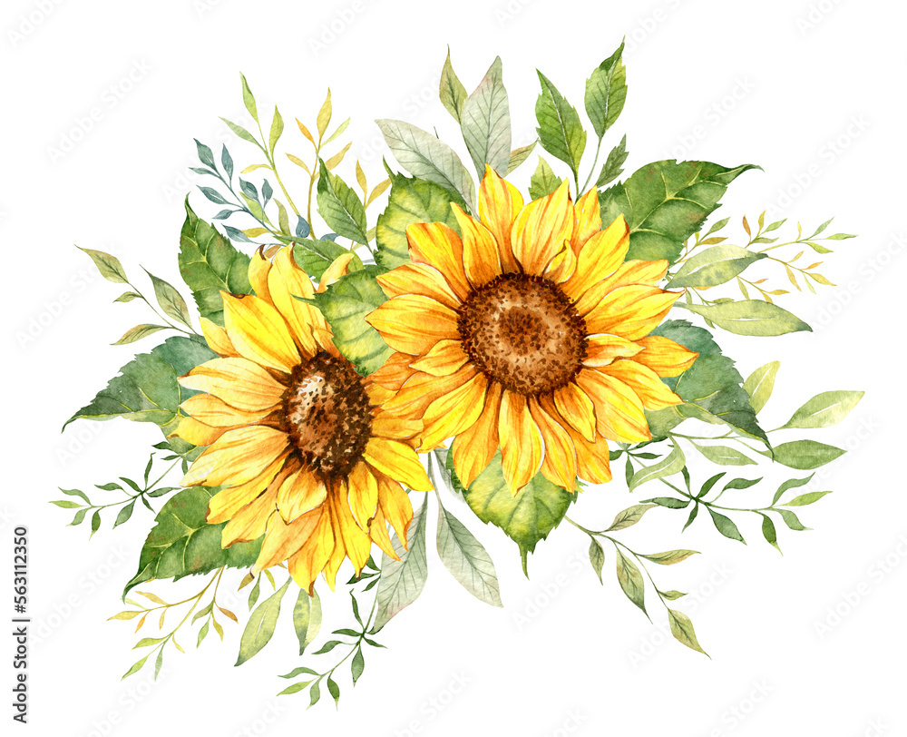 Watercolor sunflowers bouquet, hand painted sunflower bouquets with ...
