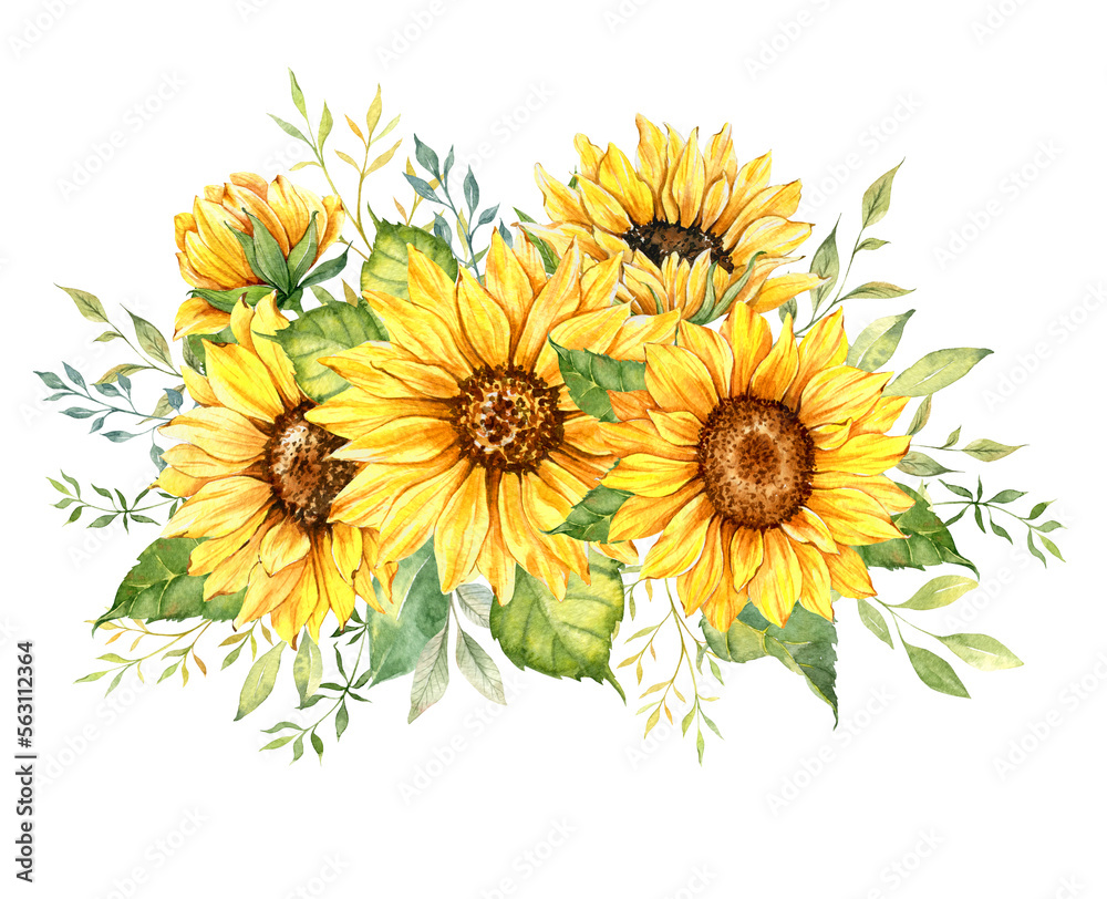 Watercolor sunflowers bouquet, hand painted sunflower bouquets with ...