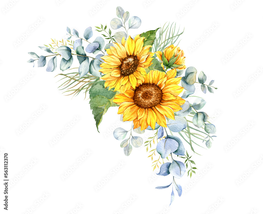 Watercolor sunflowers bouquet, hand painted sunflower bouquets with ...