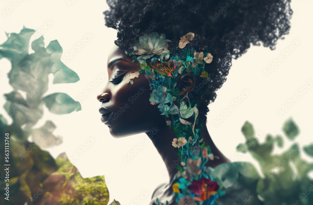 Beautiful face with eyes closed of African woman on white background ...