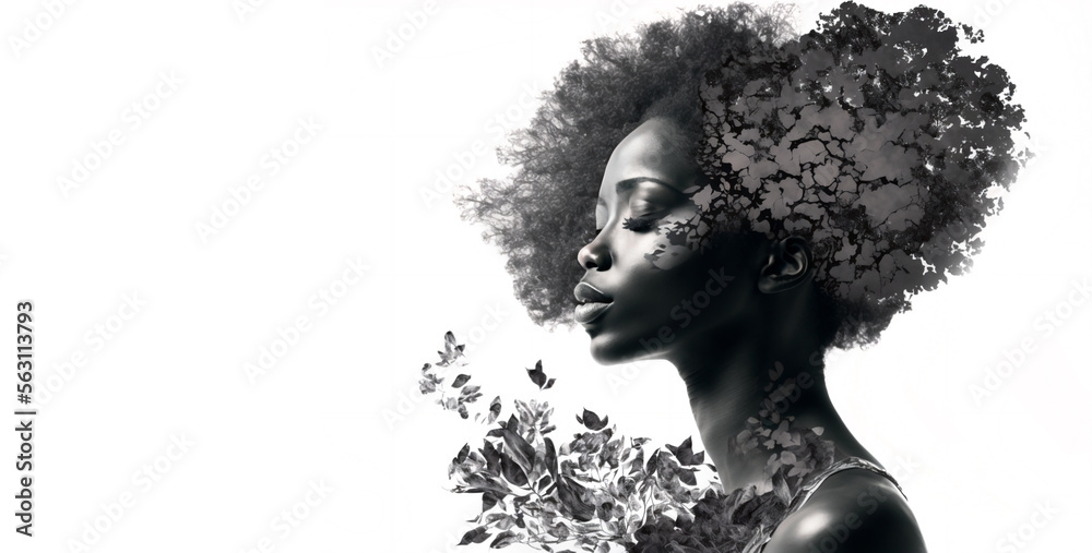 Beautiful face with eyes closed of African woman on white panoramic ...