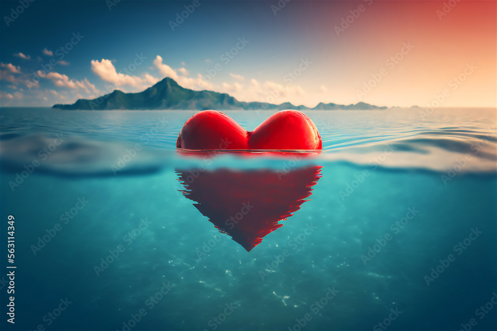 Red heart floats in warm turquoise tropical waters, a desert island is ...