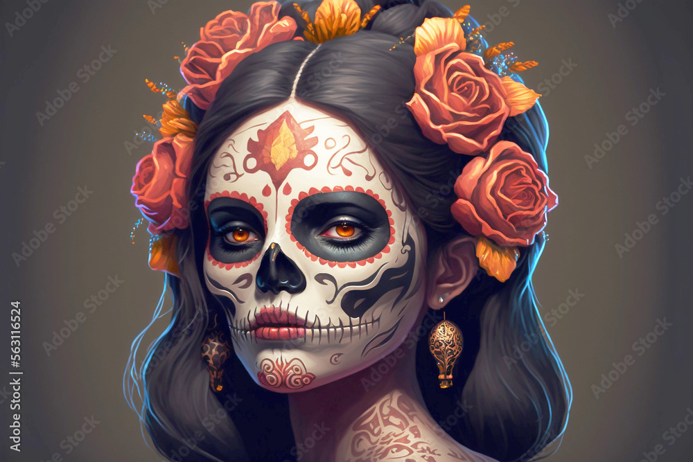 cartoon of woman face painted with delicate skull, representing Santa ...