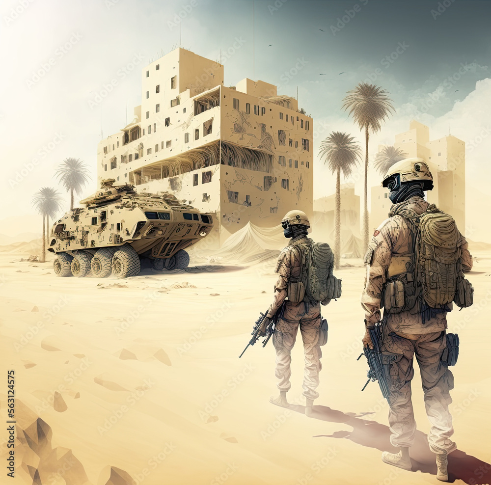 An illustration of soldiers in the desert by a tank. AI generated art ...