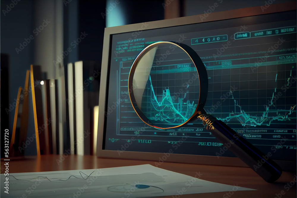 Magnifying glass search of investing and stock market created with ...