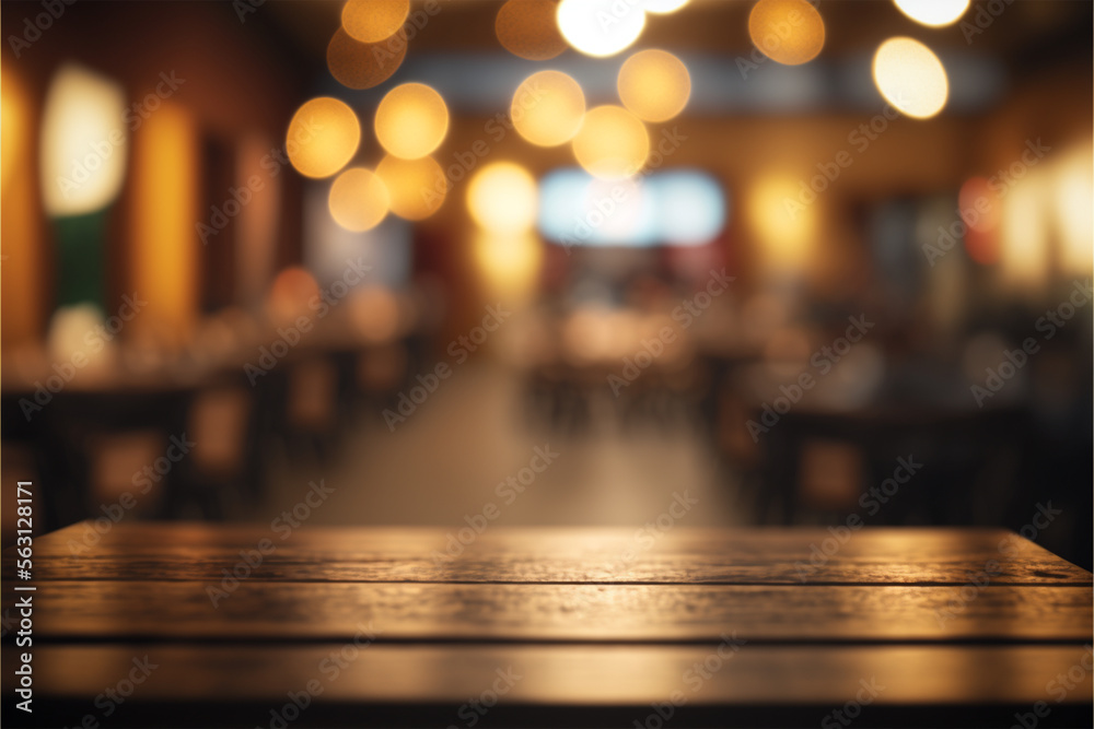 Empty wooden table space platform and blurry defocused restaurant ...