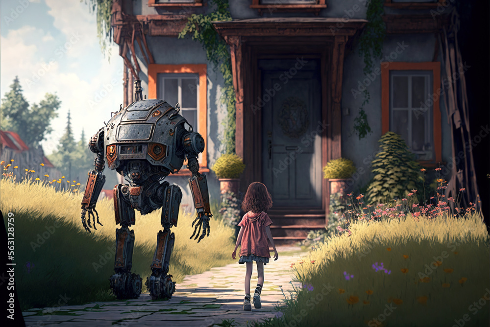 Robot and little girl going to house, android walks with child ...
