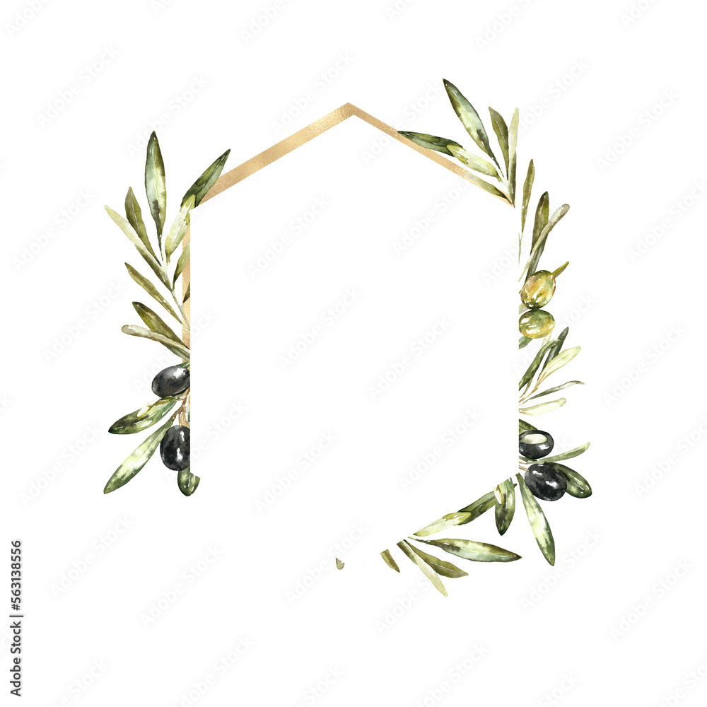 Watercolor Gold Olive floral frame illustration, Botanical greenery ...