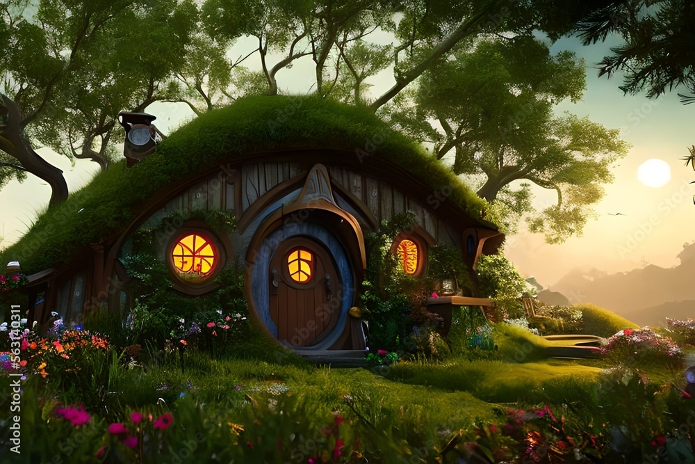 A Hobbit House in the Dark Fantasy Forest - A Luminous Oasis Amidst the ...