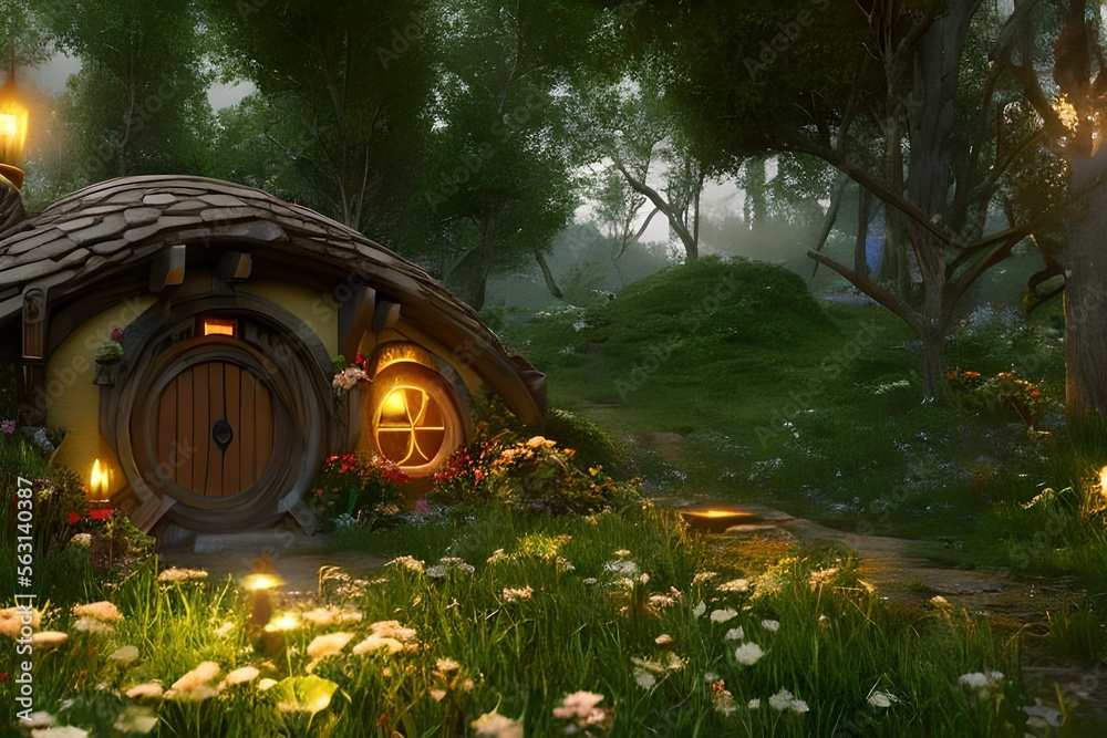 A Hobbit House in the Dark Fantasy Forest - A Luminous Oasis Amidst the ...