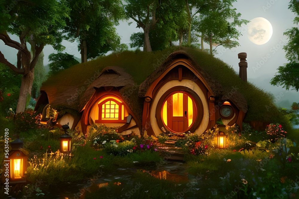 A Hobbit House in the Dark Fantasy Forest - A Luminous Oasis Amidst the ...