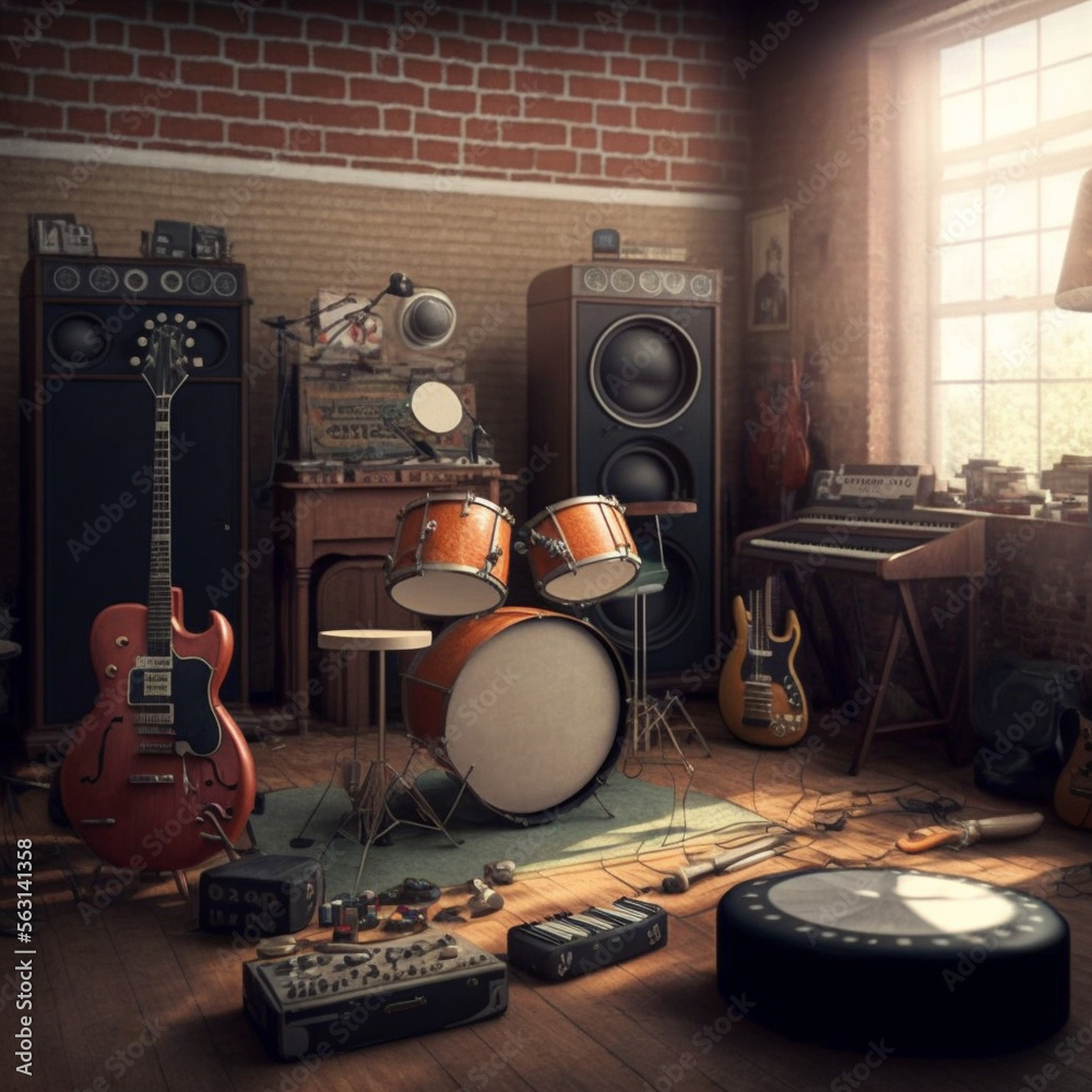 a music room with a window with brick walls with a wooden floor on ...