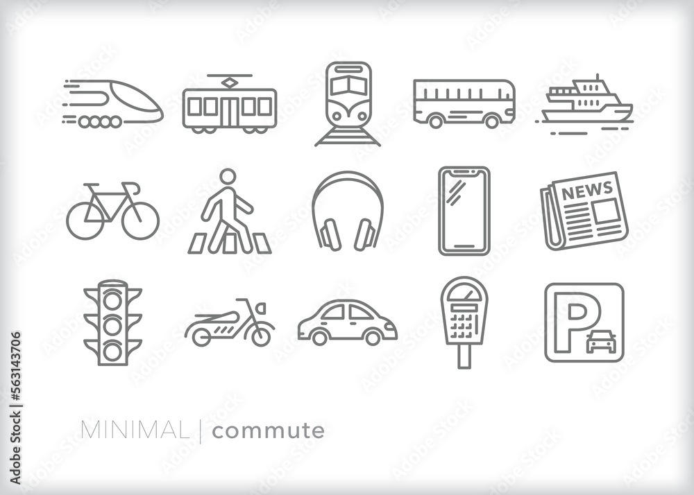 Set of commute line icons of themes for getting to work or getting home ...