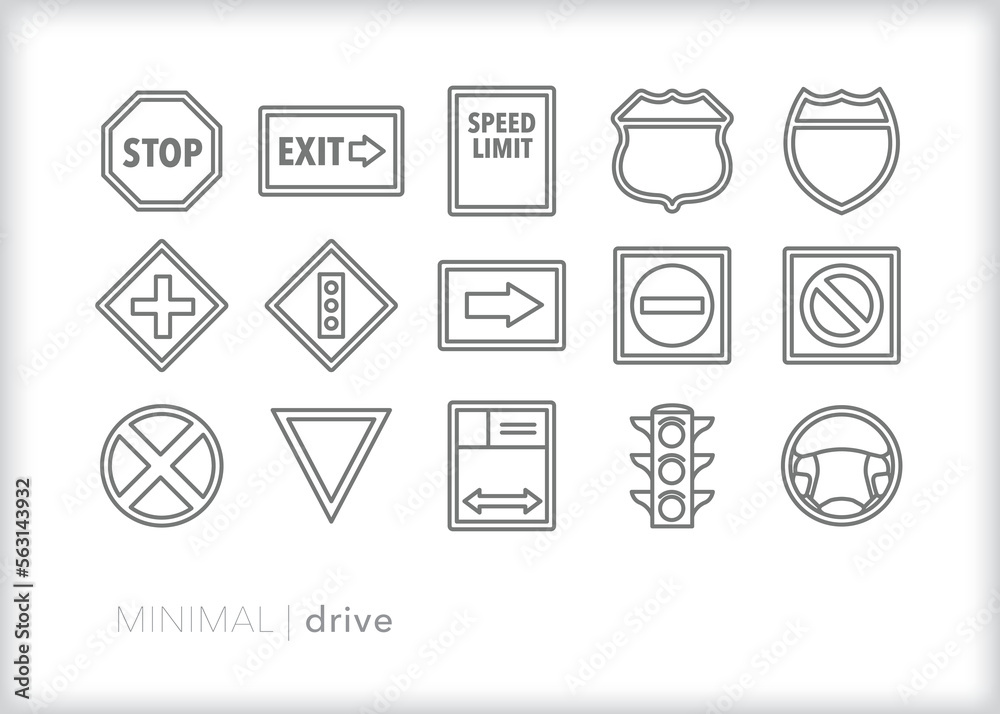 Set of driving line icons of road and highway signs for drivers to ...