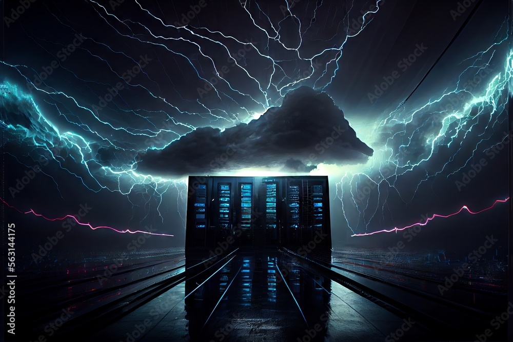 A dark network data center operation center, with lightning , clouds ...